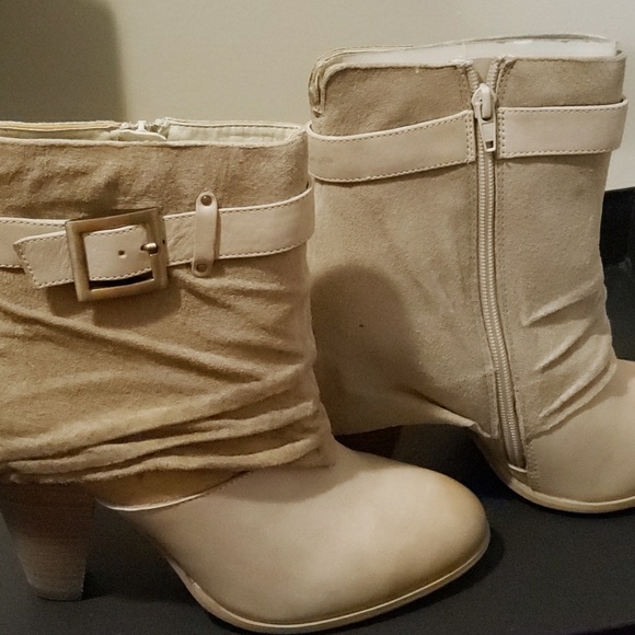 Enzy | Shoes | Cream Leather And Suede Heeled Ankle Boots | Poshmark